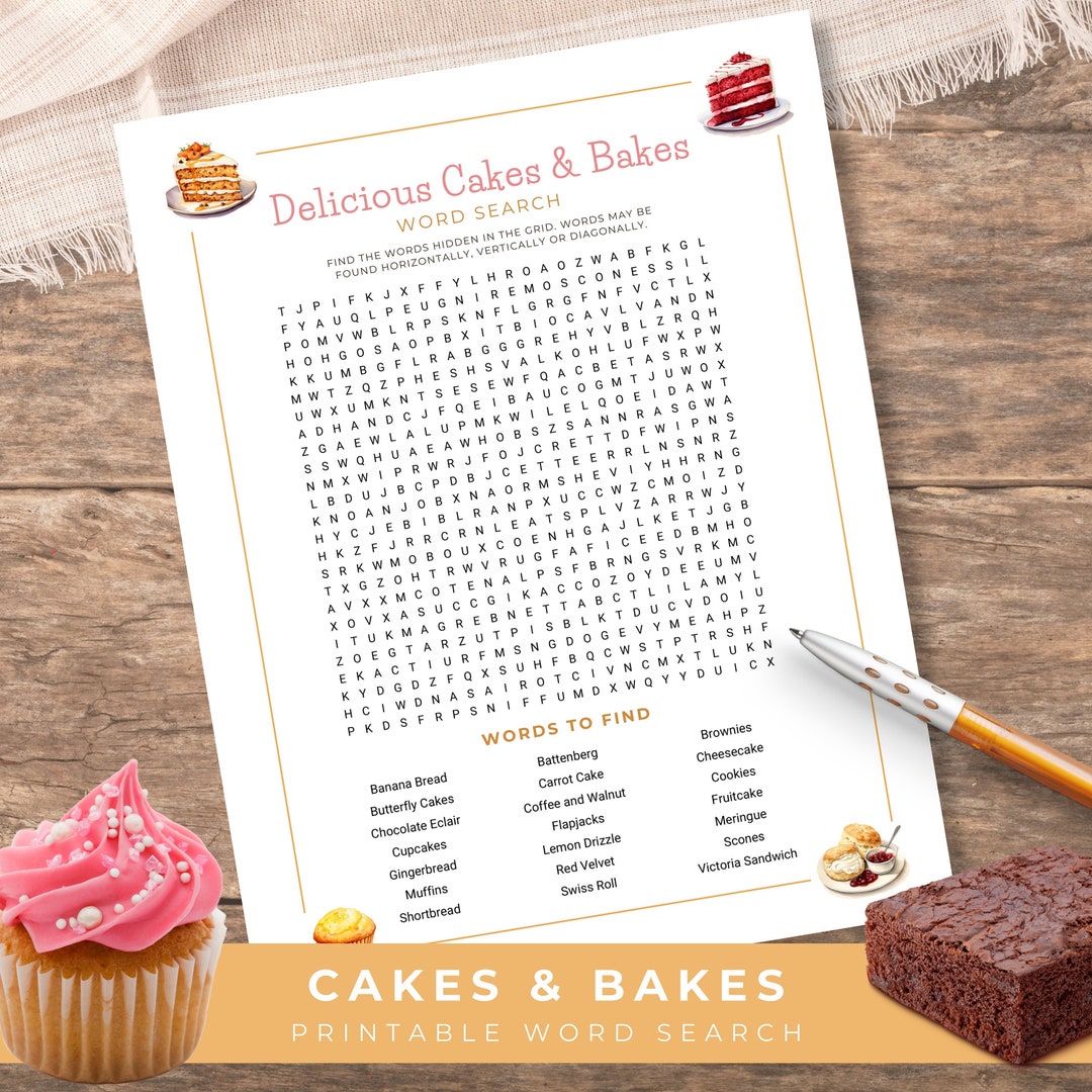 Cake Word Search, Cakes Printable Puzzle Game, Afternoon Tea Party ...