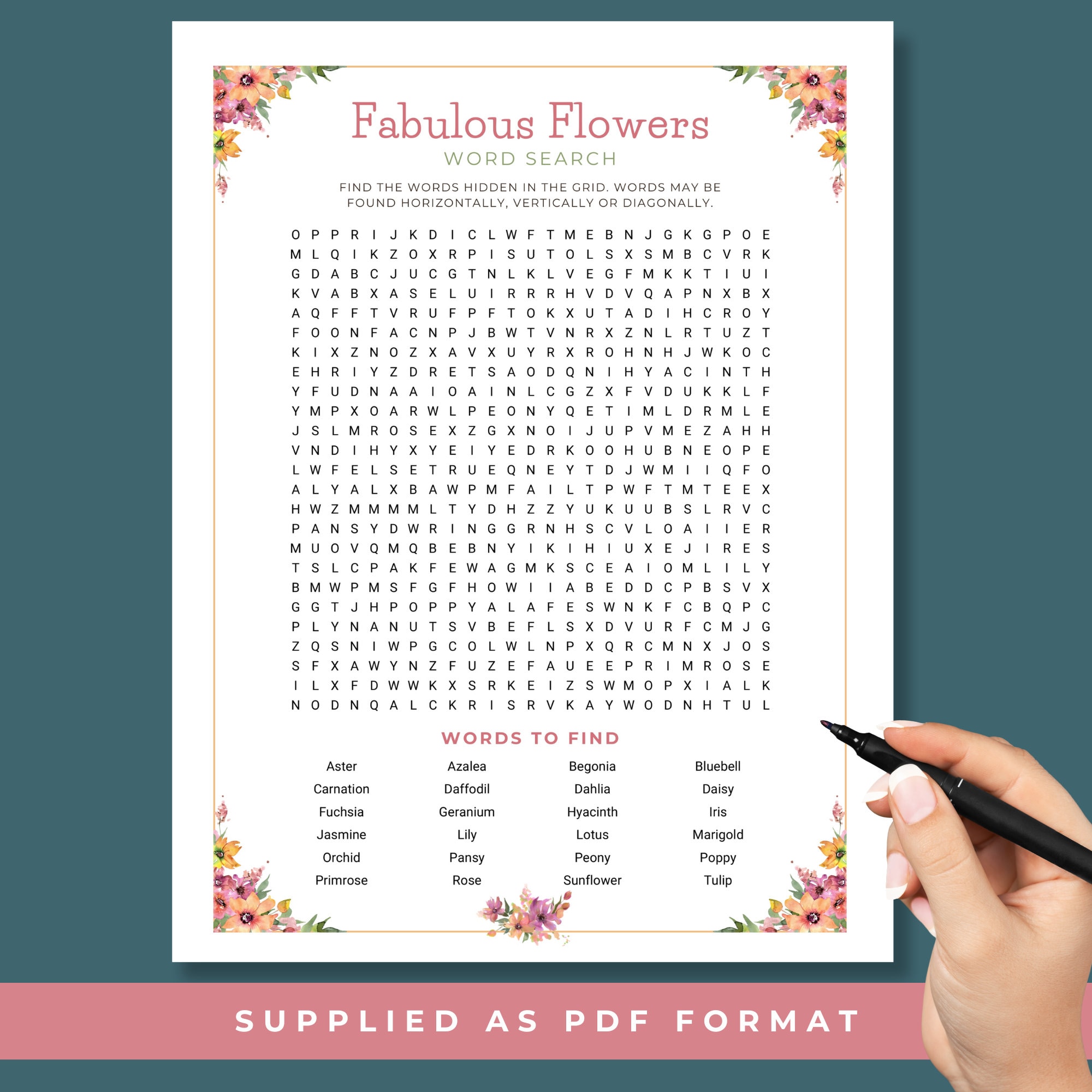 Flowers Word Search, Floral Printable Puzzle Game, Garden Party Games ...