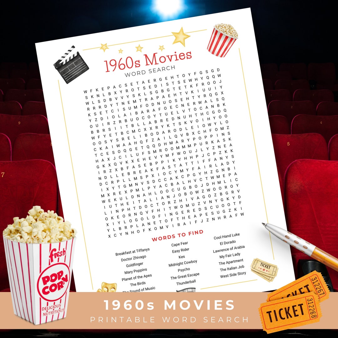 1960s Movie Word Search Printable, 60s Movies Puzzle Game, Movie Night ...