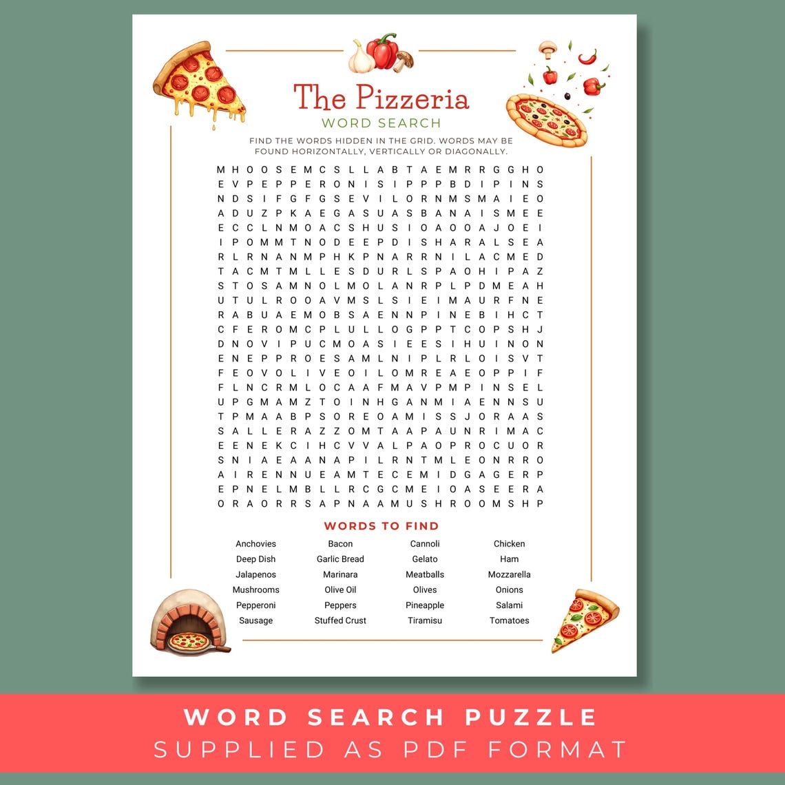 Pizza Word Search for Adults, Pizza Party Printable Game, Italian Food ...