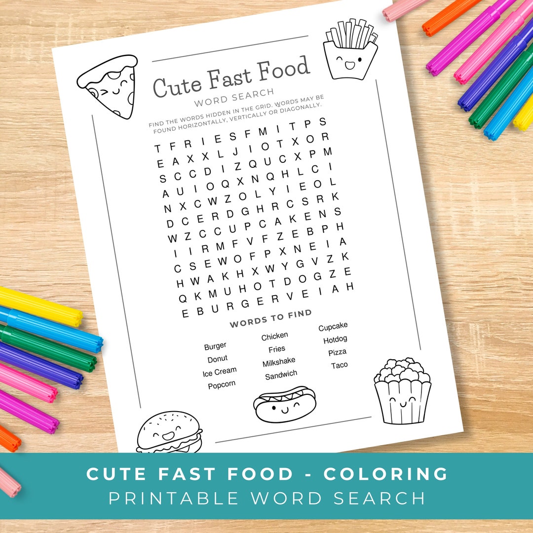Fast Food Word Search for Kids, Printable Coloring Sheet, Party ...