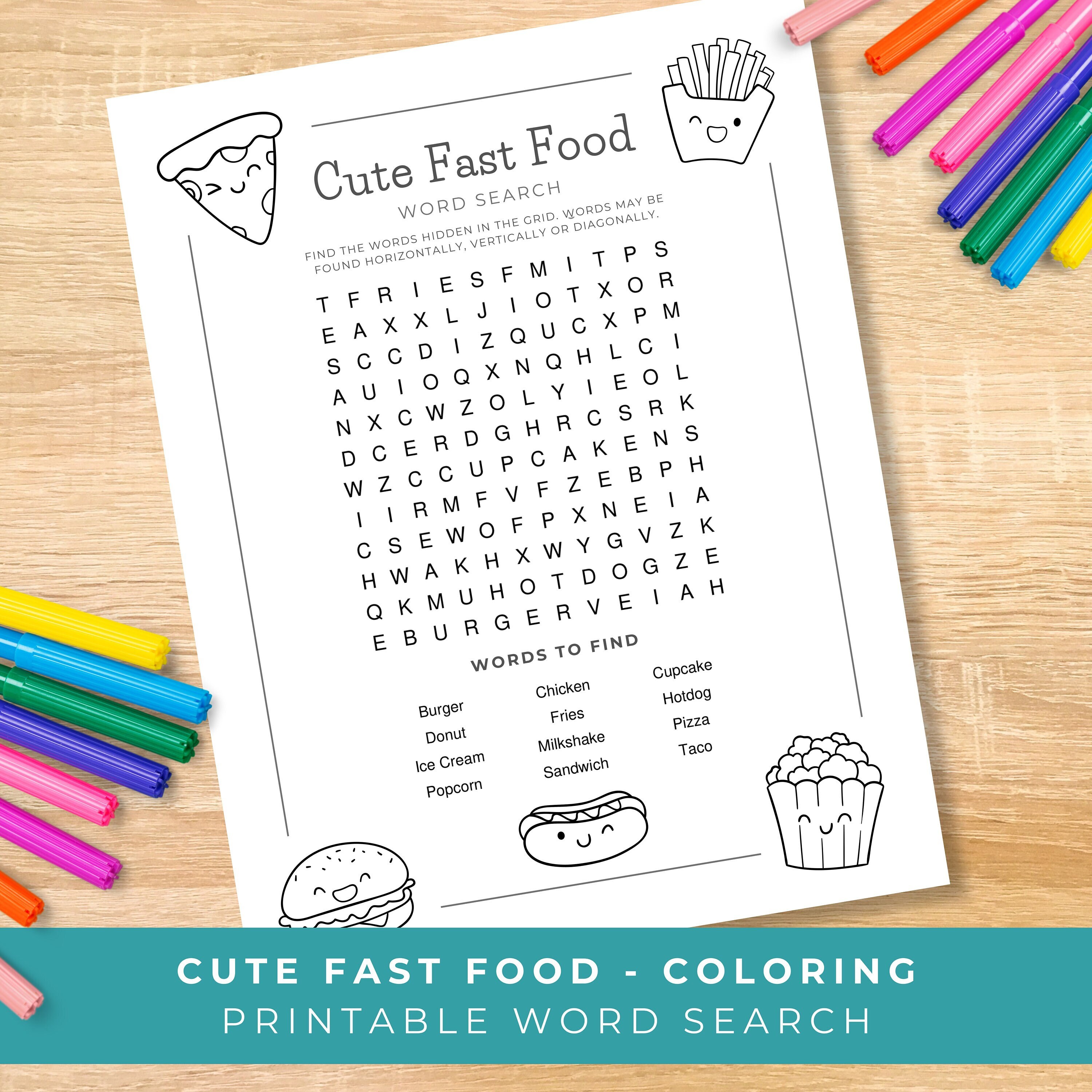 Fast Food Word Search for Kids, Printable Coloring Sheet, Party ...