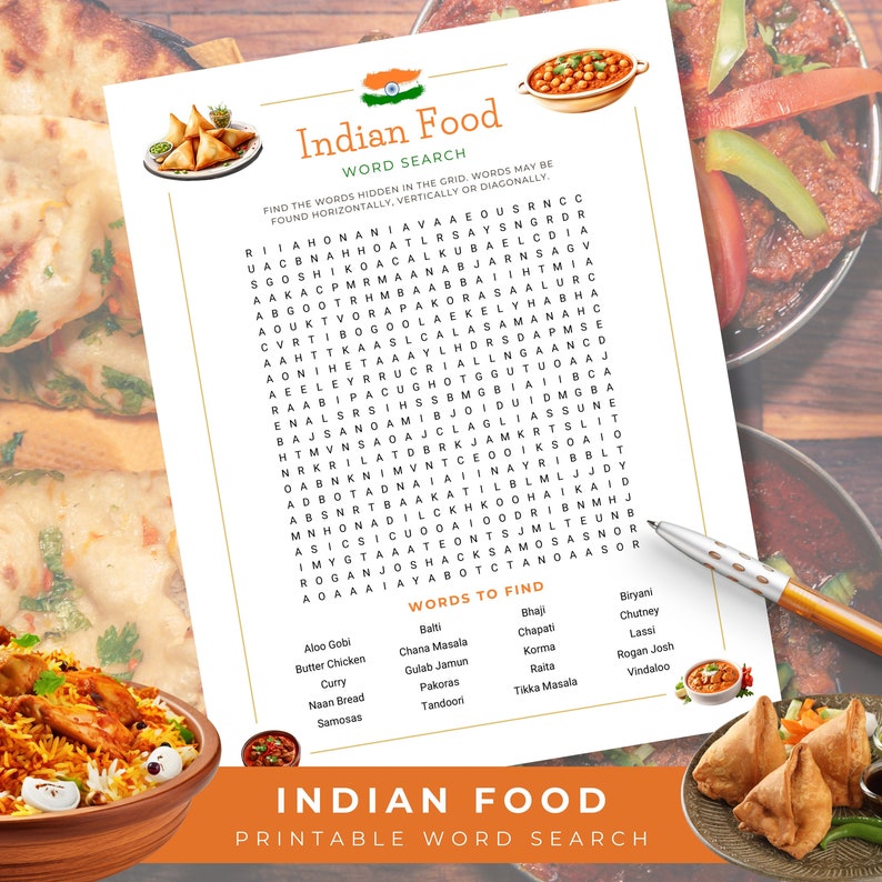 Indian Food Word Search, Curry Night Activity, Dinner Party Game for ...