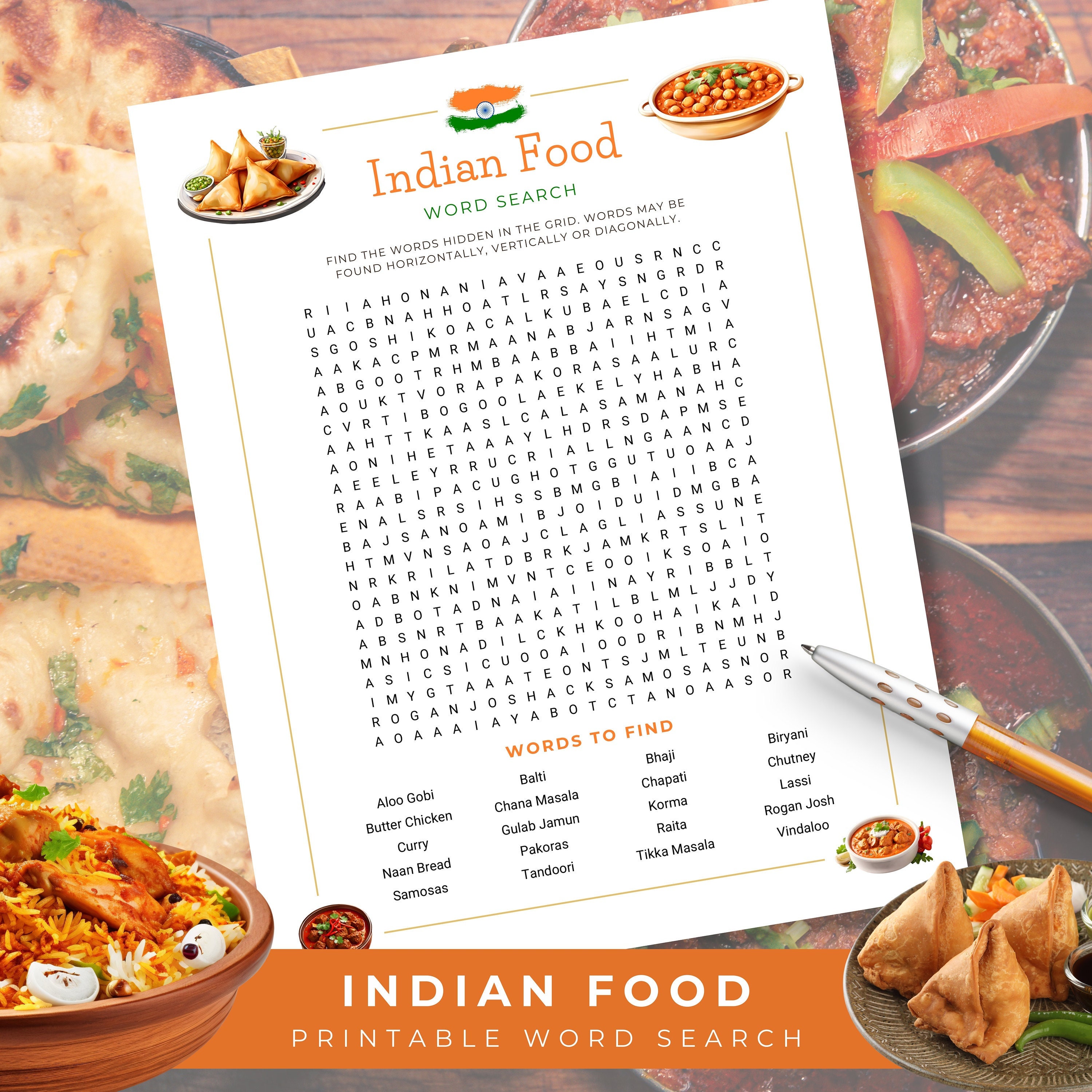 Indian Food Word Search, Printable Word Search for Adults, Dinner Party ...