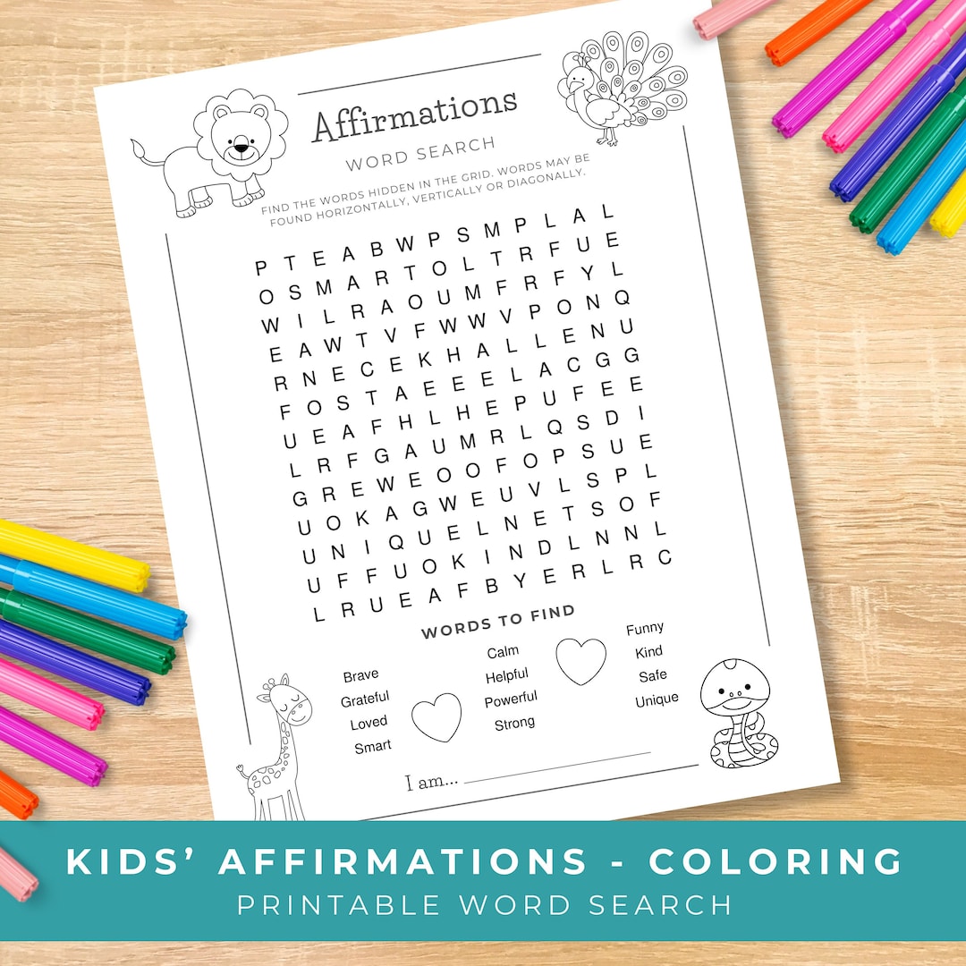 Affirmations Word Search for Kids, Printable Coloring Puzzle Children ...