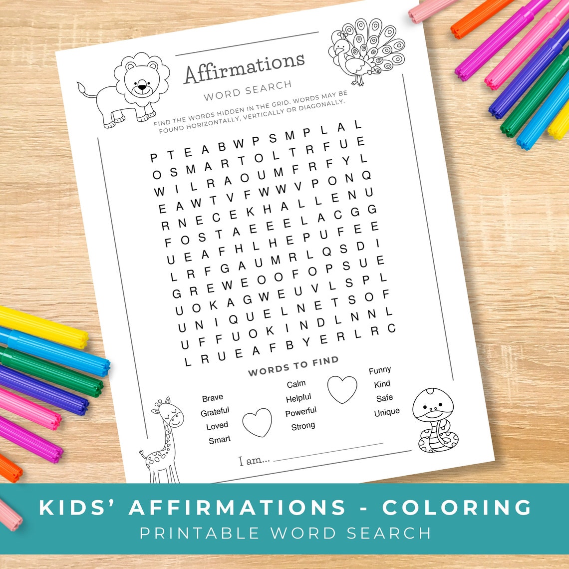 Affirmations Word Search for Kids, Printable Coloring Puzzle Children ...