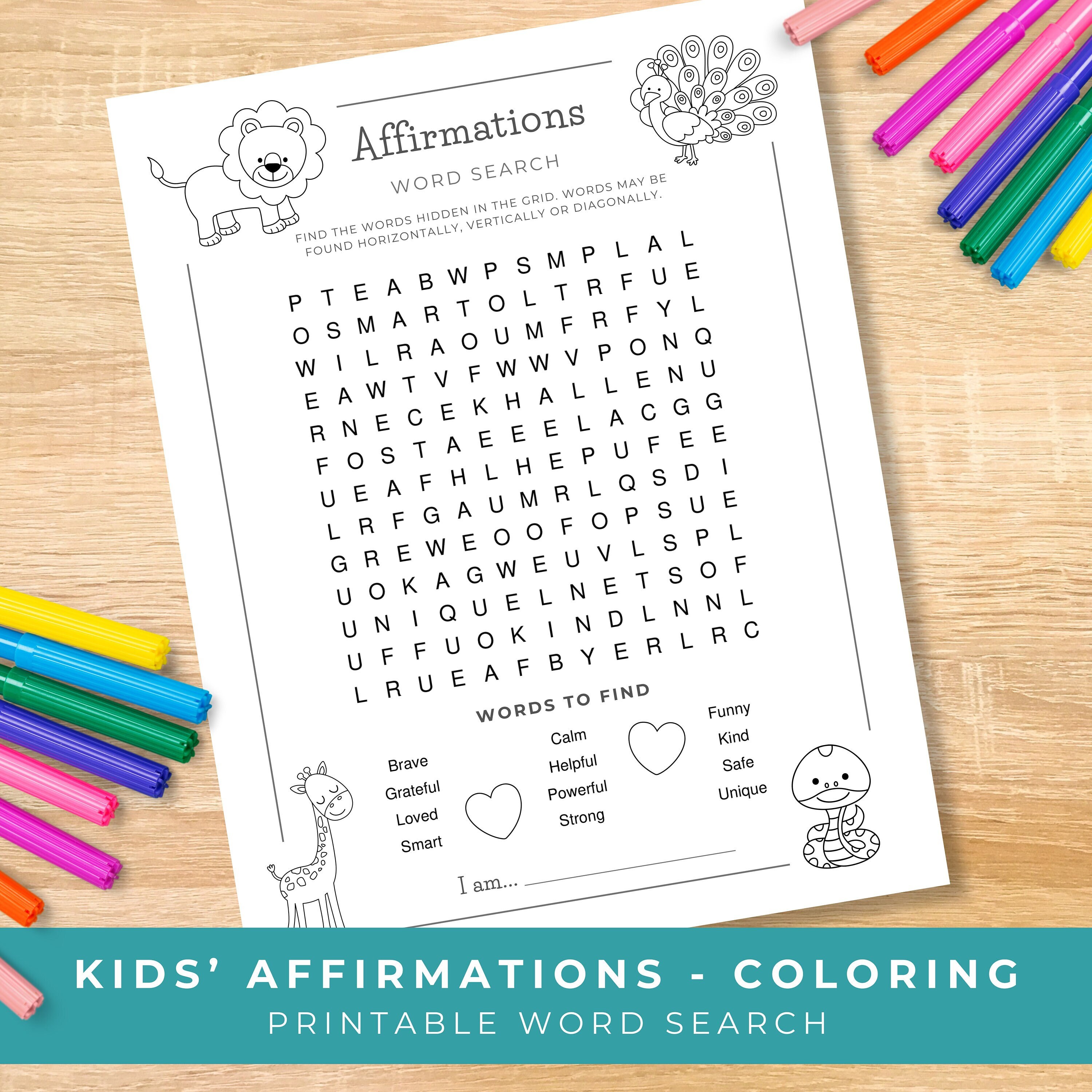 Affirmations Word Search for Kids, Printable Coloring Puzzle Children ...