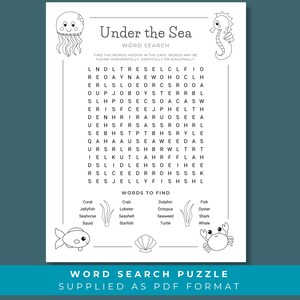 Under the Sea Word Search, Printable Ocean Word Search, Sea Life ...