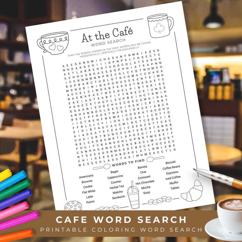 Coffee Word Search Printable, Cafe Puzzle Game, Hygge Coloring Page for ...