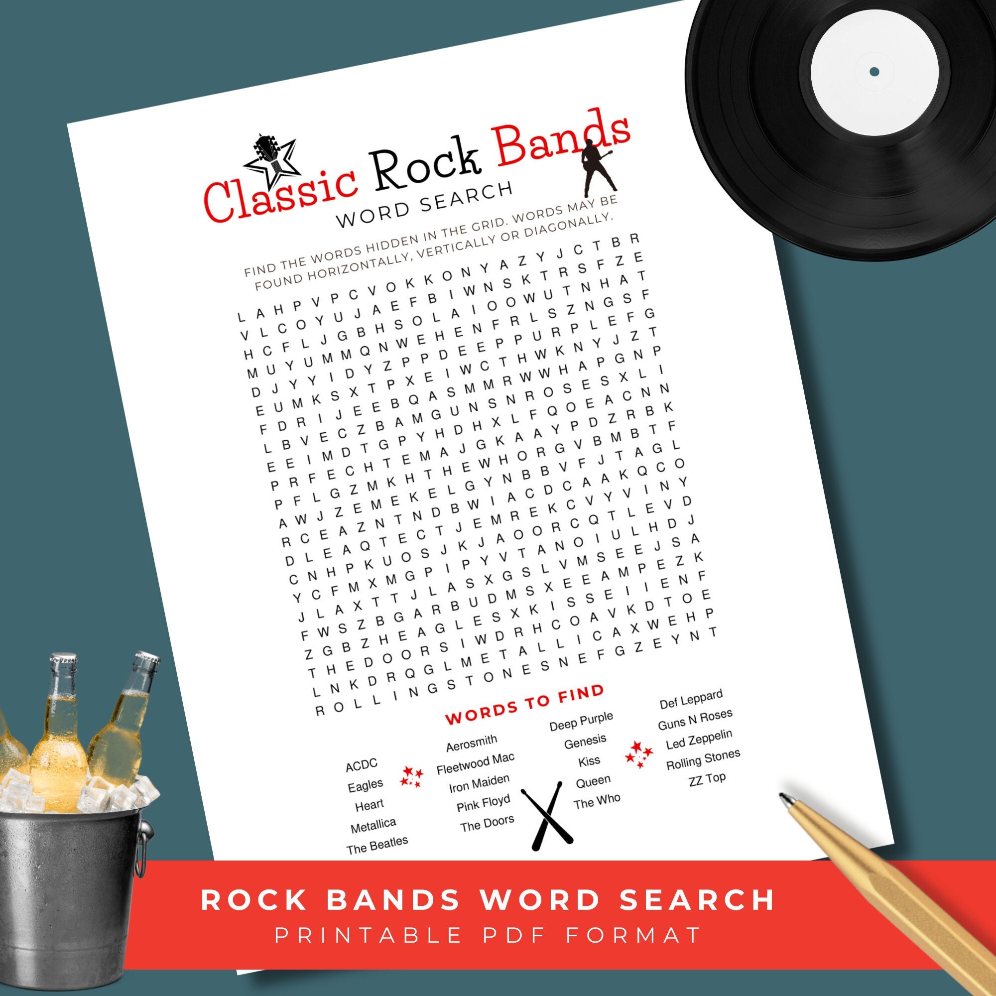 Rock Music Word Search, Classic Rock Bands Printable Word Search, Gifts ...