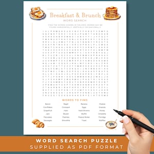 Breakfast Word Search, Brunch Printable Party Games for Adults, Sip and ...
