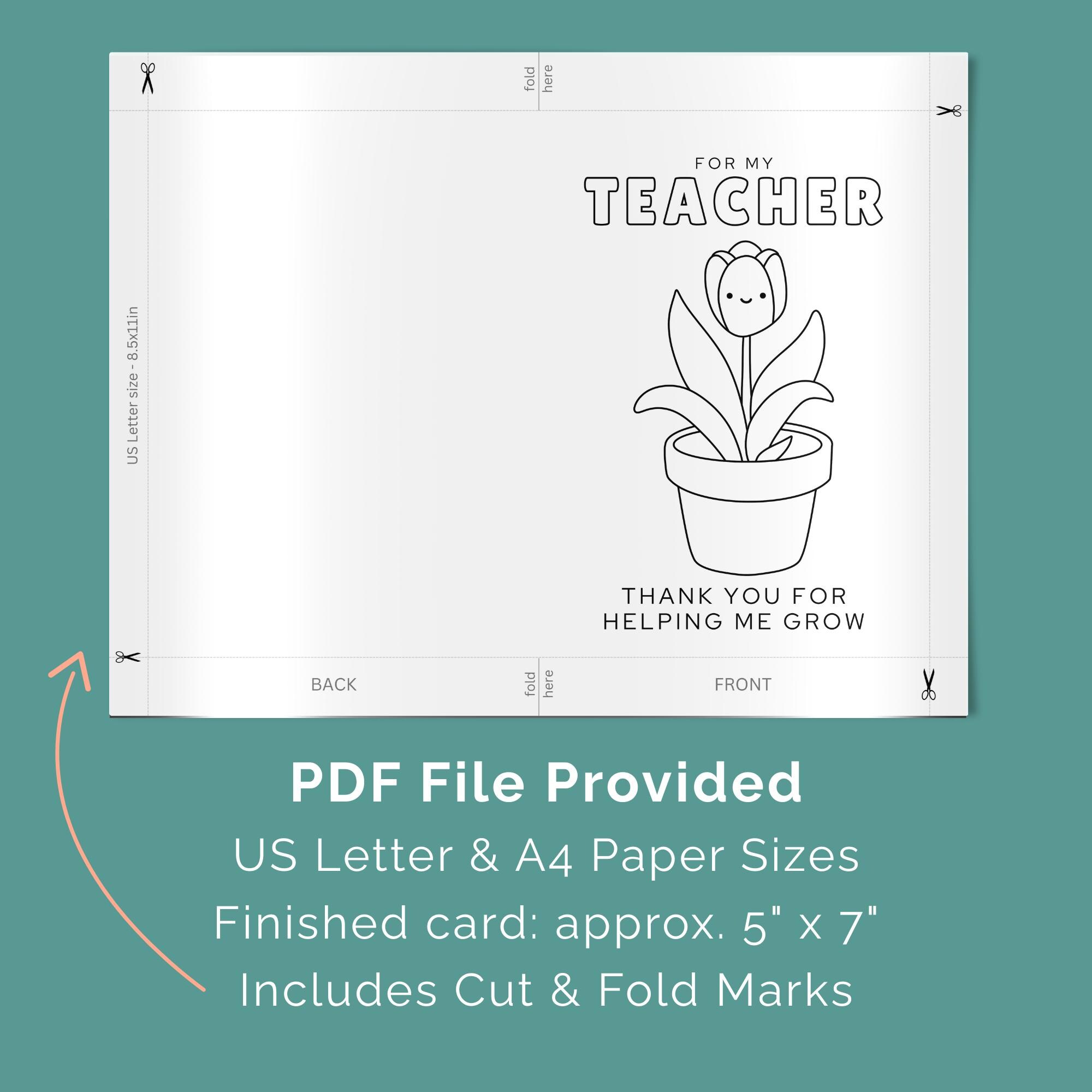 Printable Teacher Thank You Card to Color, End of Year Teacher Gift ...