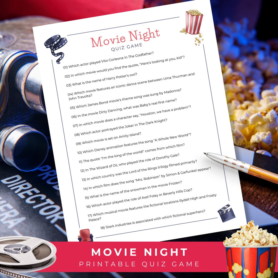 Movie Night Quiz Game, Printable Movie Trivia Game, Movie Party Game ...