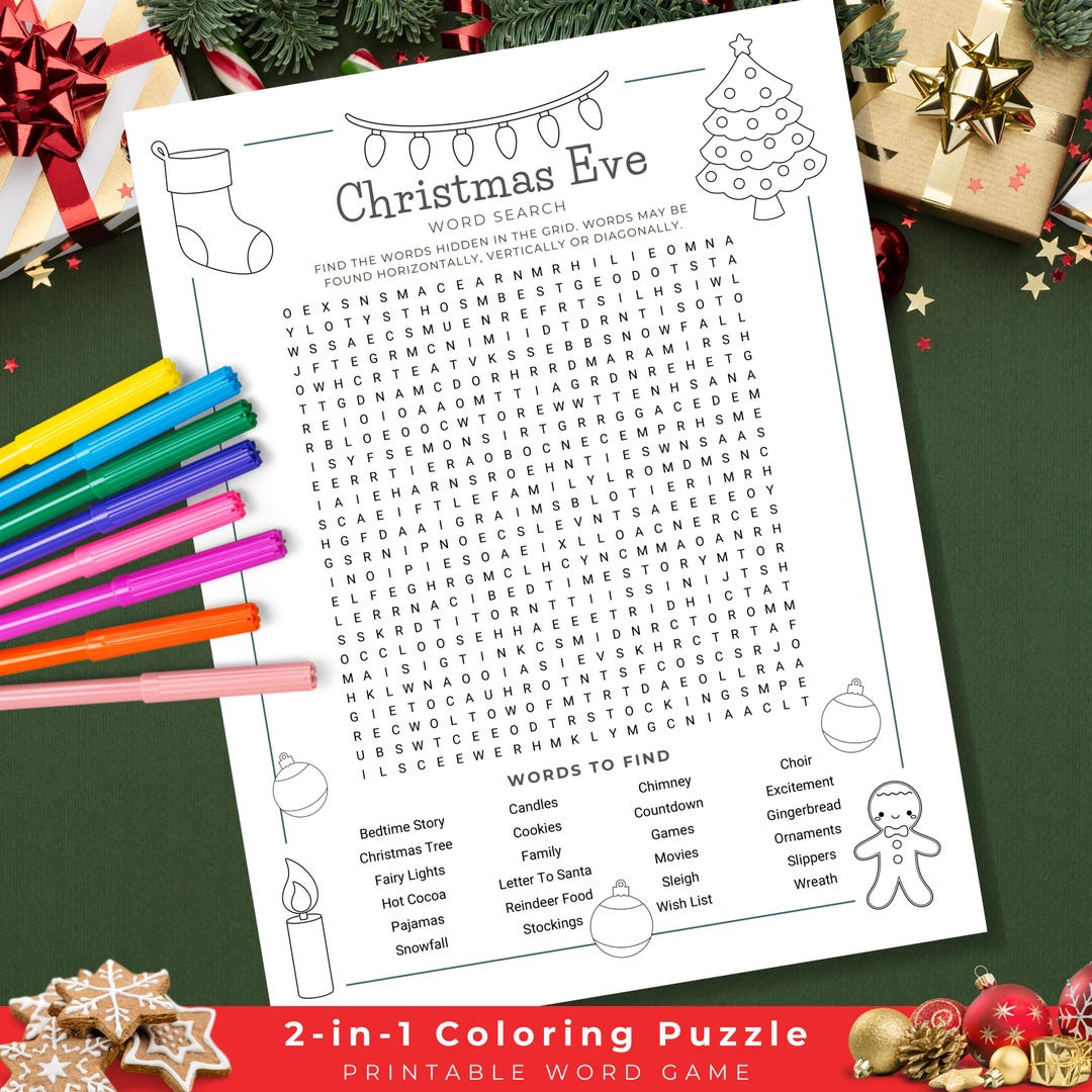 Christmas Eve Word Search Printable, Relaxing Holiday Coloring Activity ...