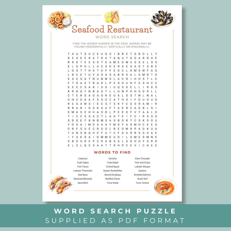 Seafood Word Search, Printable Word Puzzle for Adults, Fish Restaurant ...