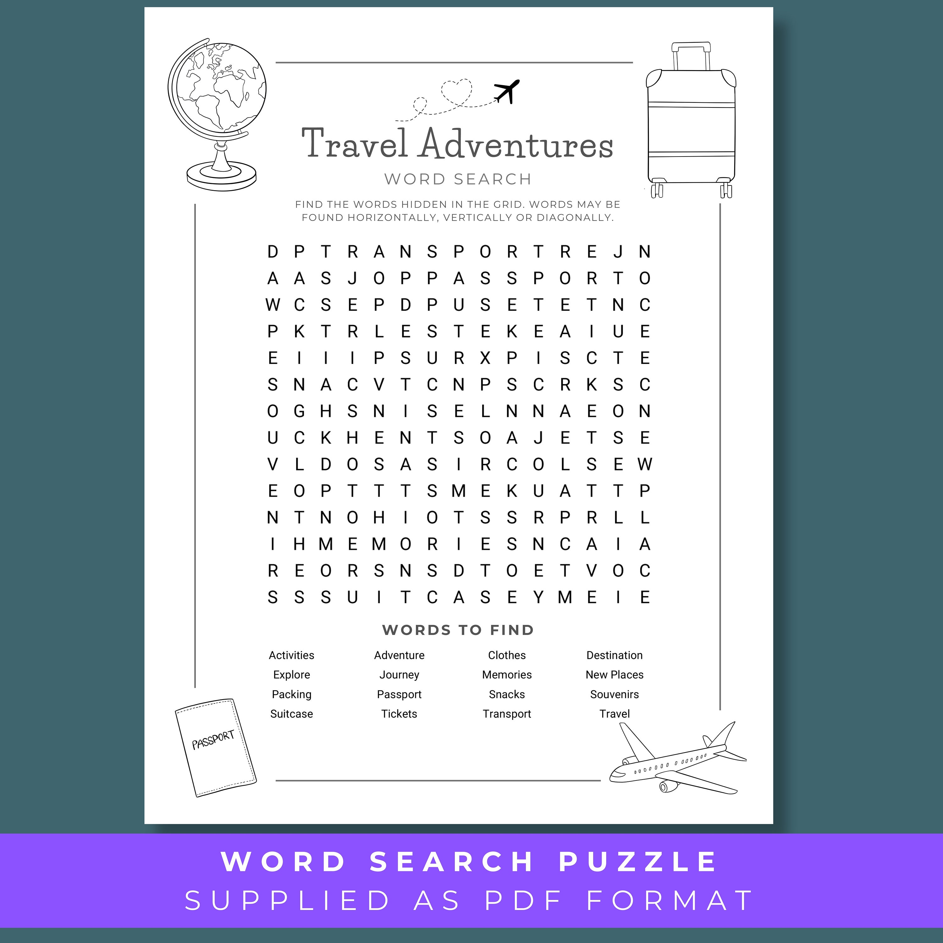 Travel Adventures Word Search for Kids, Printable Vacation Coloring ...