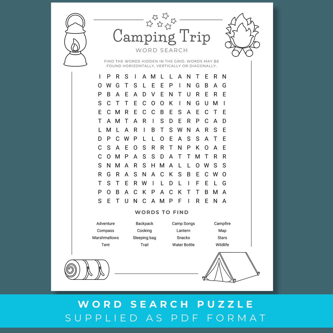 Camping Word Search for Kids, Printable Camping Trip Coloring Page ...