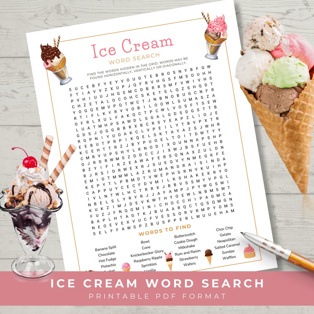 Ice Cream Word Search, Printable Party Game, Food Puzzle Games, Shower ...