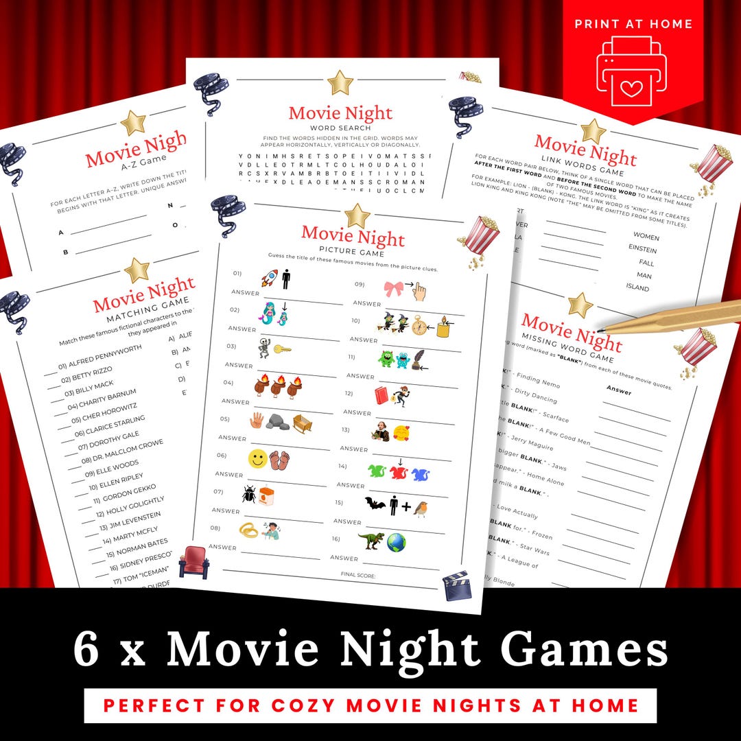 Printable Movie Night Games for Adults, Movie Trivia & Word Games ...