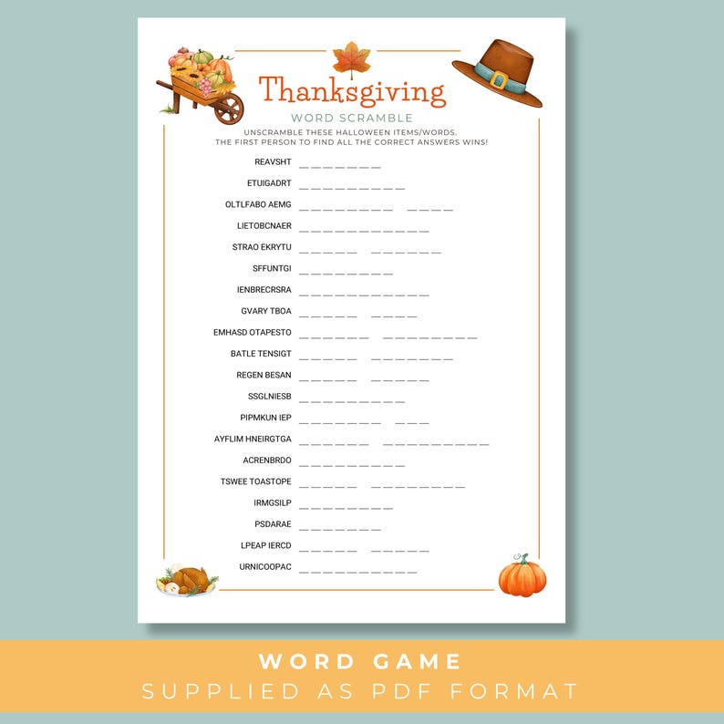 Thanksgiving Word Scramble, Holidays Puzzle Game for Adults, Office ...