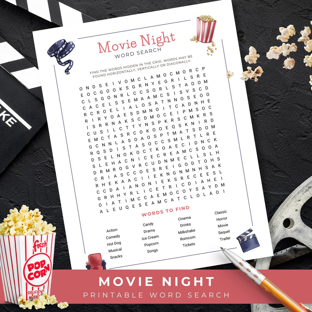 Movie Night Word Search, Movie Party Printable Game, Cinema Puzzle ...