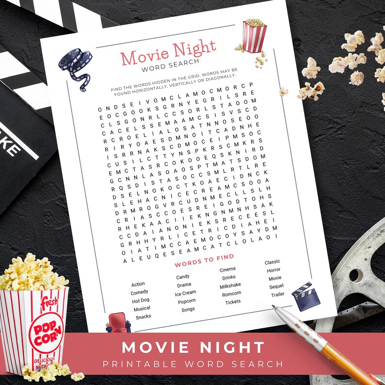 Movie Night Word Search, Movie Party Printable Game, Cinema Puzzle ...