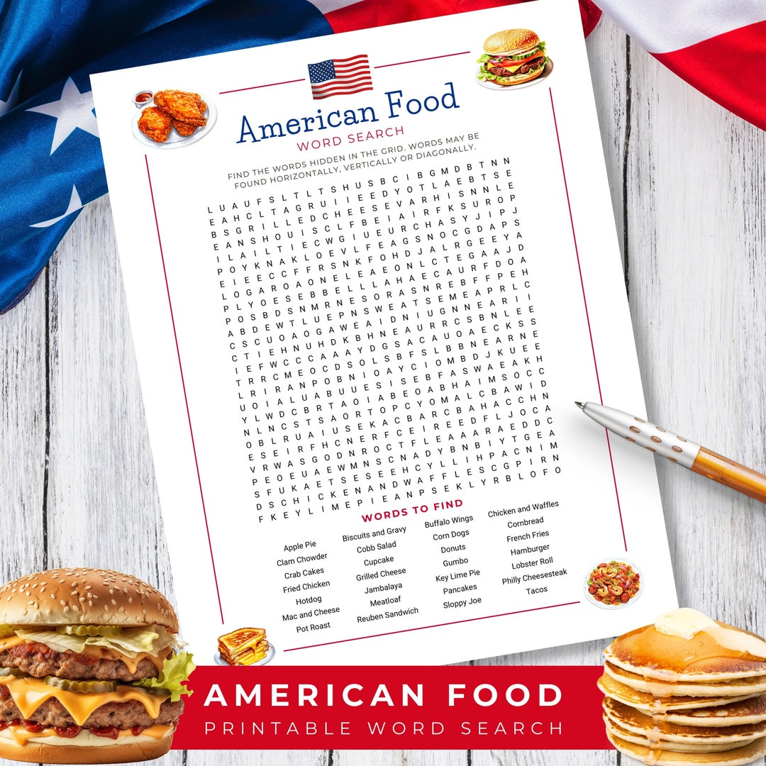 American Food Word Search, Printable Word Games for Adults, USA Food ...