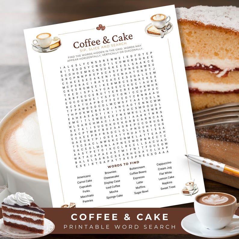 Coffee and Cake Word Search Printable, Cozy Cafe Puzzle, Coffee Date ...