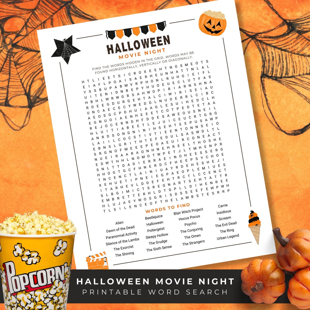 Horror Movie Word Search, Halloween Movie Night Party Game, Icebreaker ...