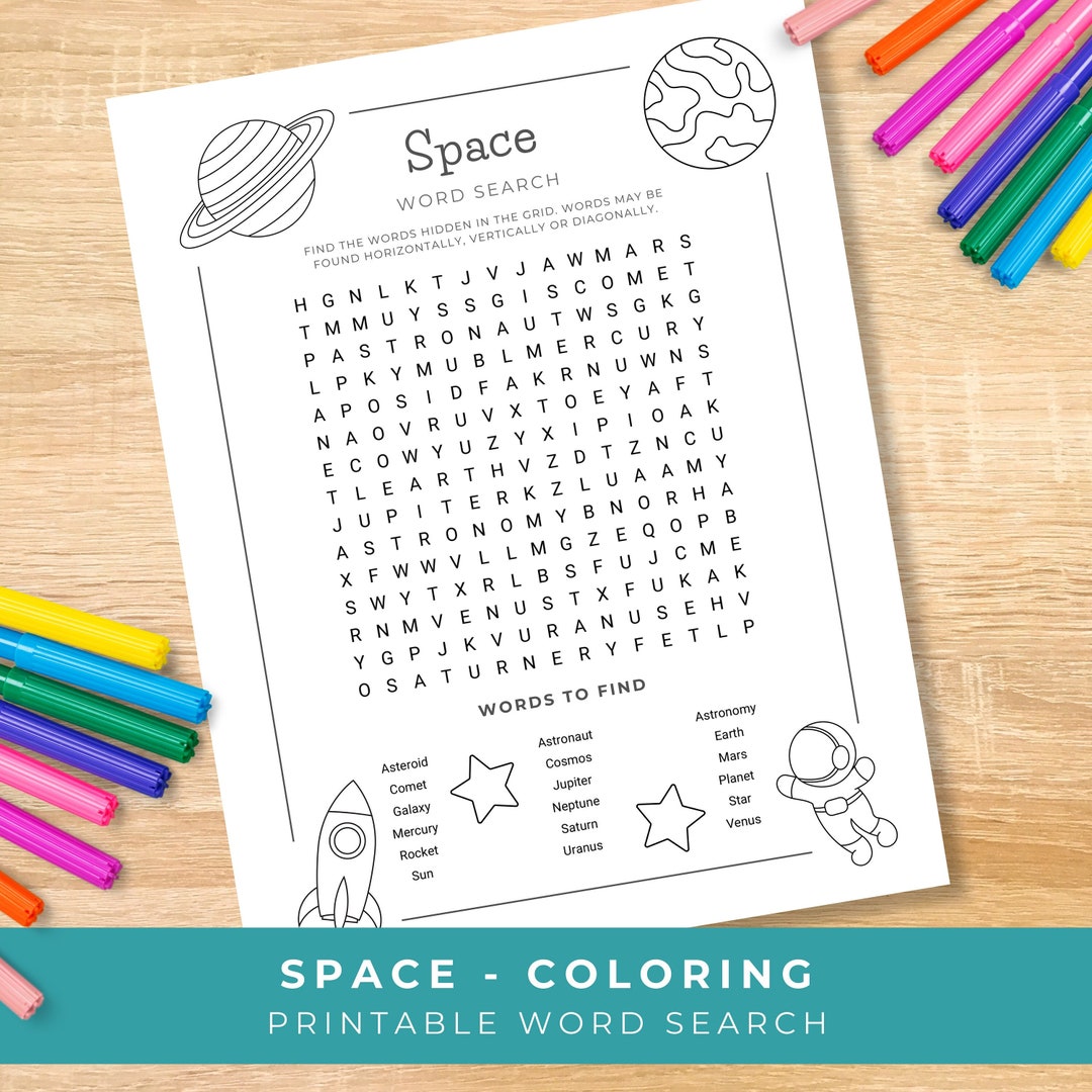 Space Word Search for Kids, Printable Coloring Puzzle Children ...