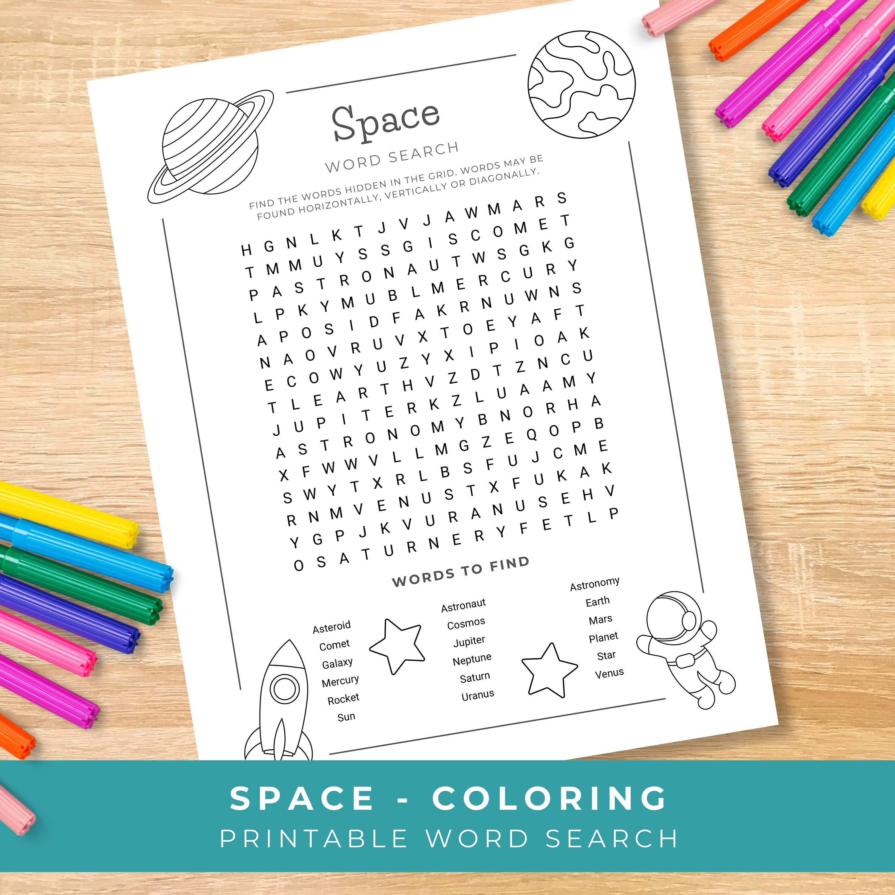 Space Word Search for Kids, Printable Coloring Puzzle Children ...