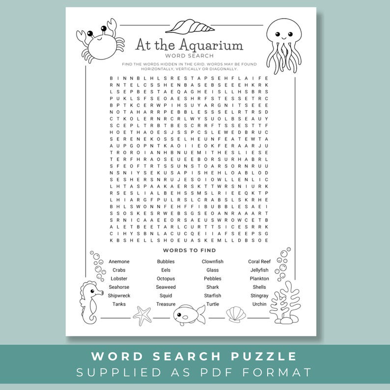 Aquarium Word Search Printable, Calming Ocean-themed Self-care Coloring ...