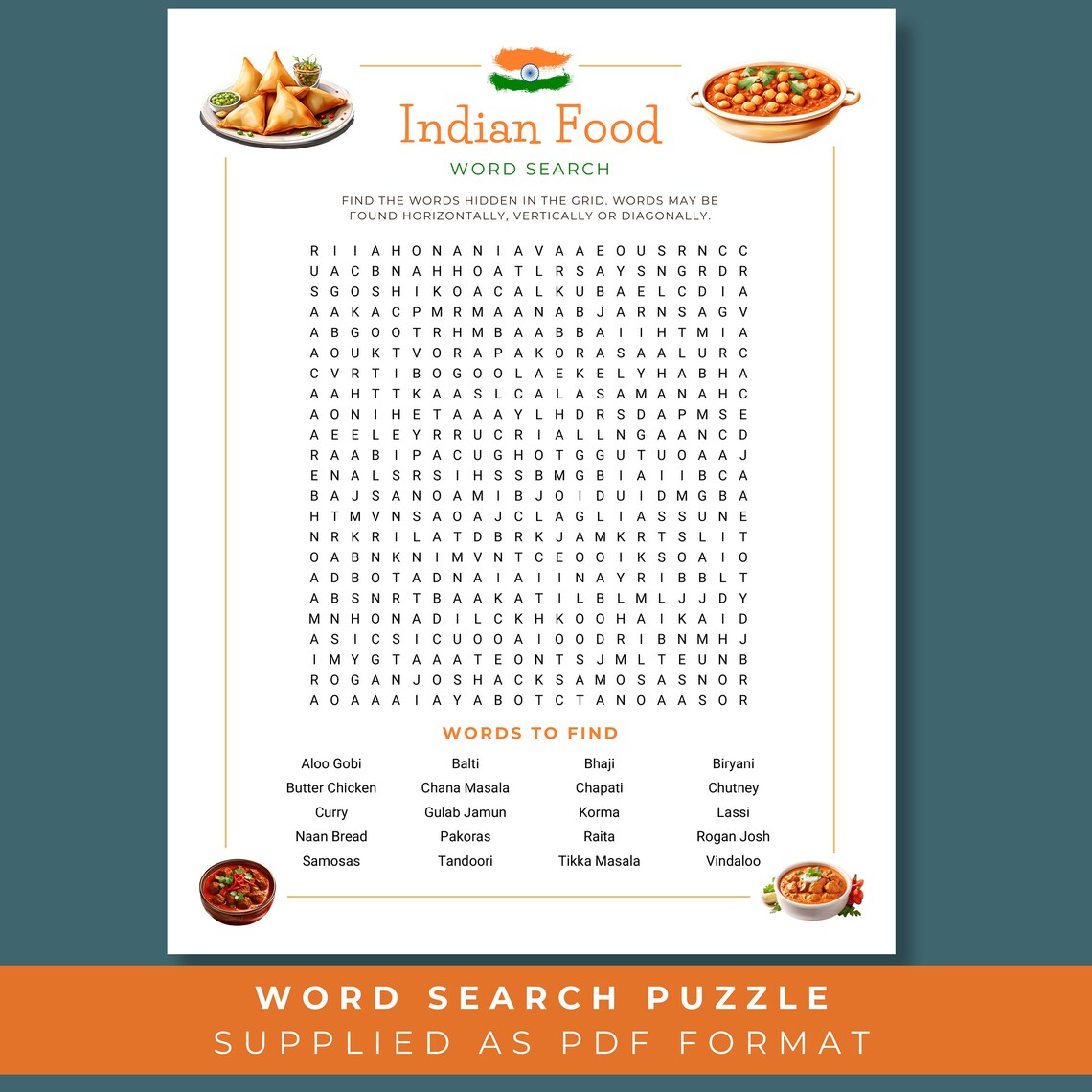 Indian Food Word Search, Printable Word Search for Adults, Dinner Party ...