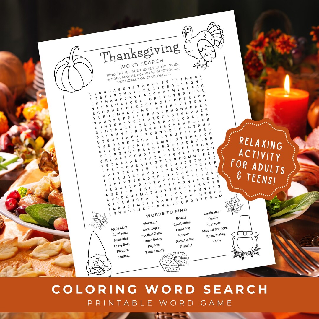 Thanksgiving Word Search Printable, Holiday Coloring Page for Adults ...