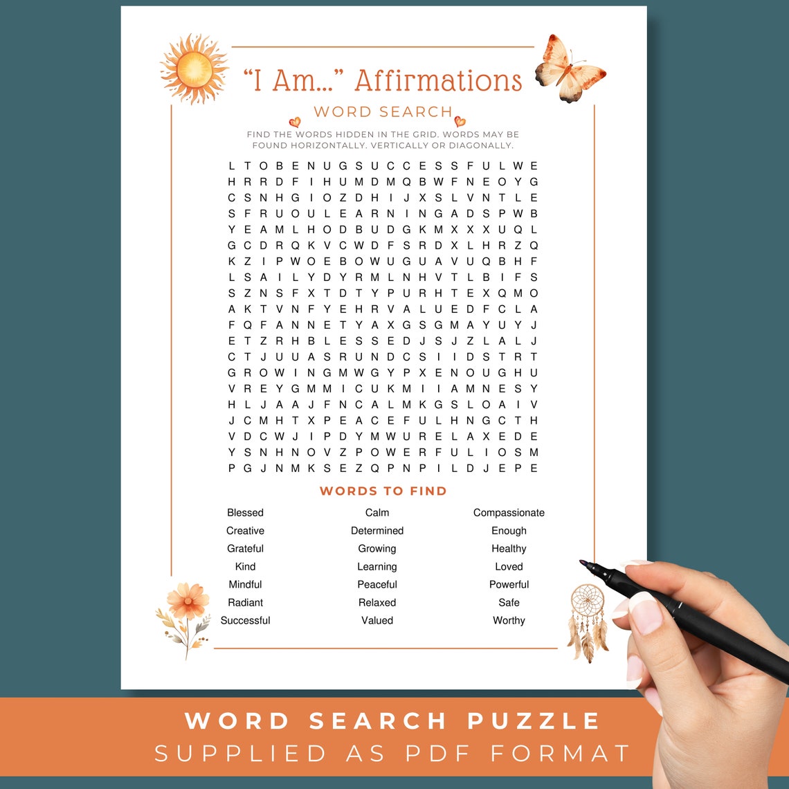 Affirmations Word Search: Boho Mental Health and Mindfulness Puzzle ...