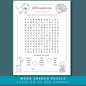 Affirmations Word Search for Kids, Printable Coloring Puzzle Children ...