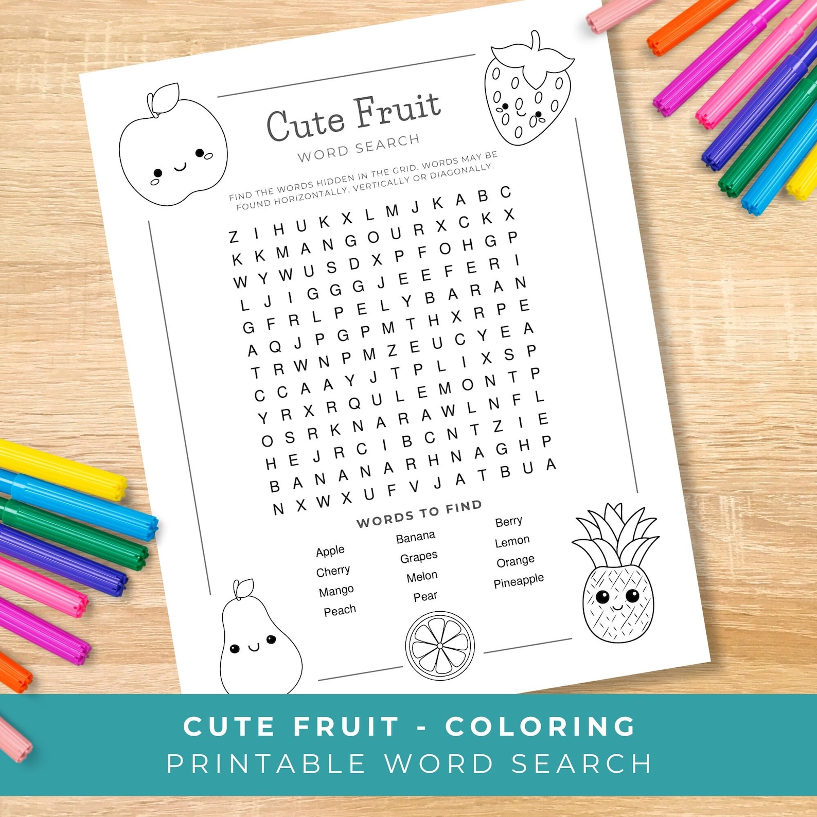 Cute Fruit Word Search for Kids, Printable Coloring Page Children ...