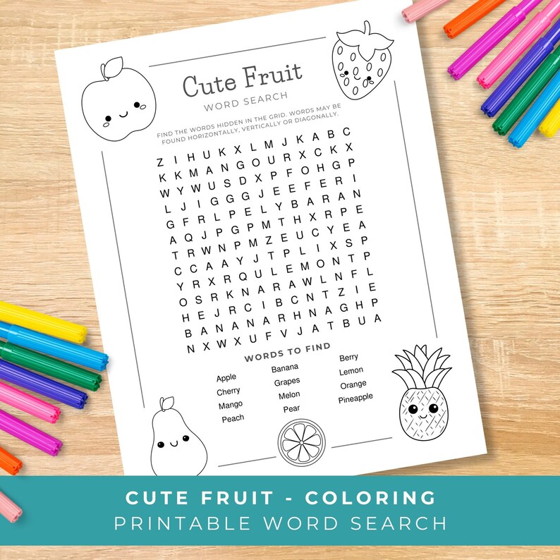 Cute Fruit Word Search for Kids, Printable Coloring Page Children ...
