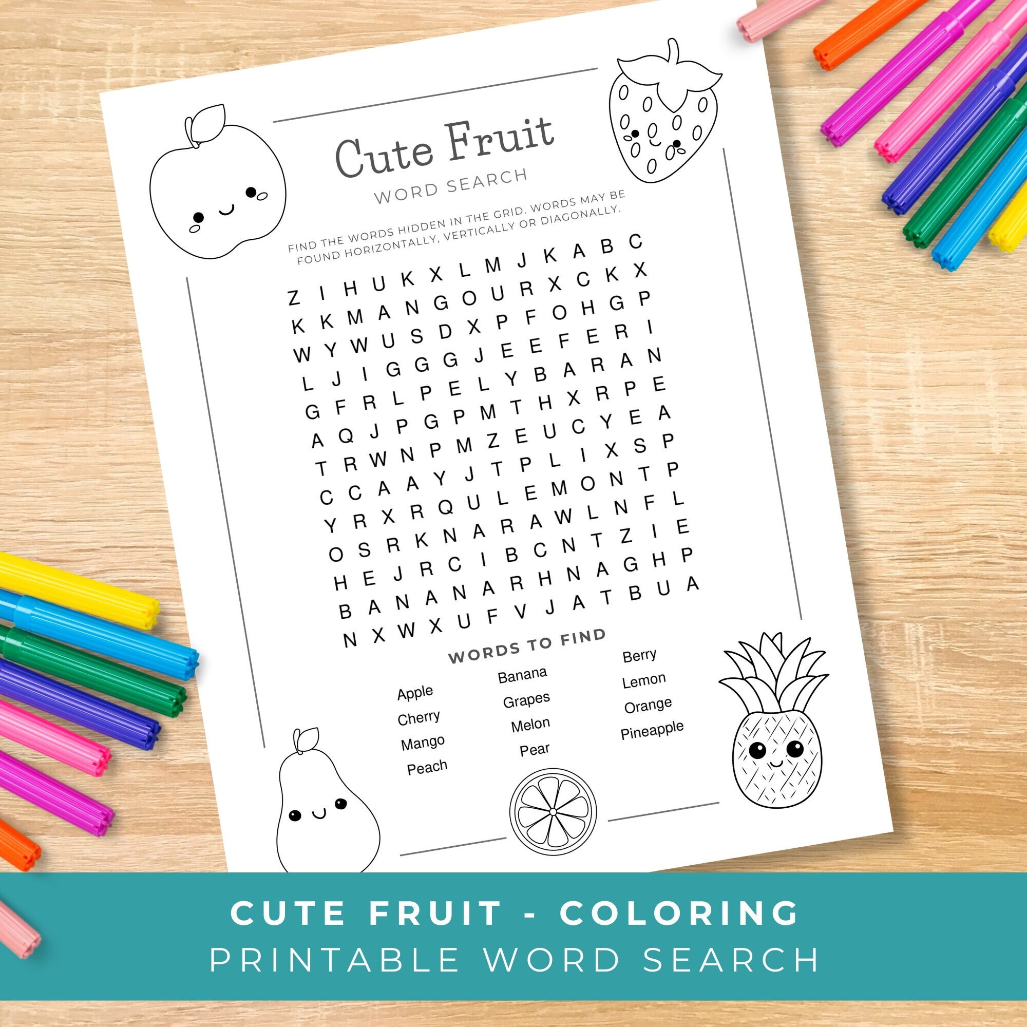 Cute Fruit Word Search for Kids, Printable Coloring Page Children ...
