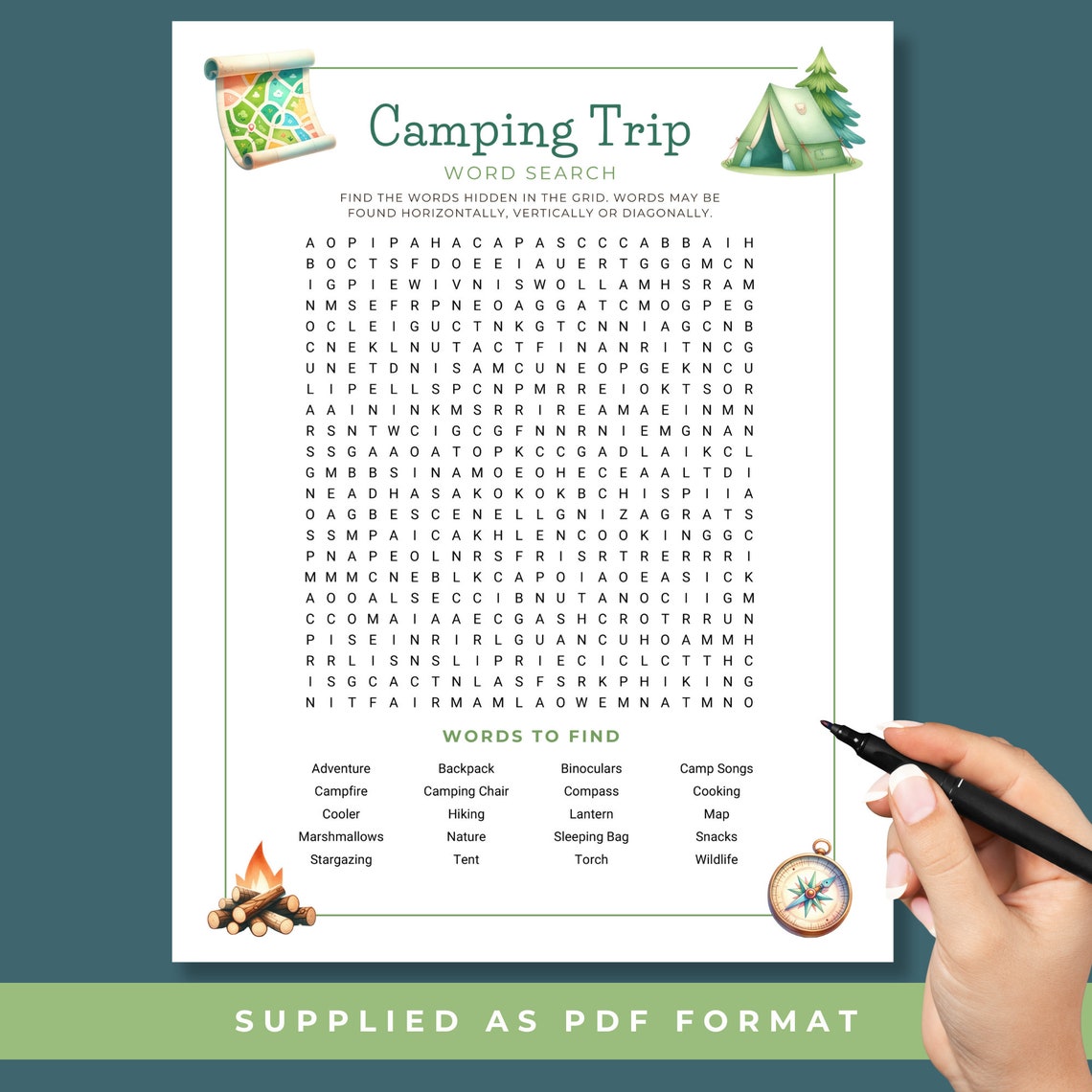 Camping Word Search, Camp Trip Puzzle Game, Summer Activities ...