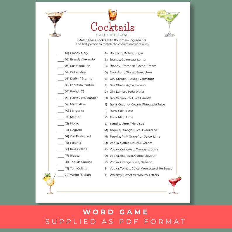 Cocktails Printable Party Game for Adults, Holiday Party Games ...