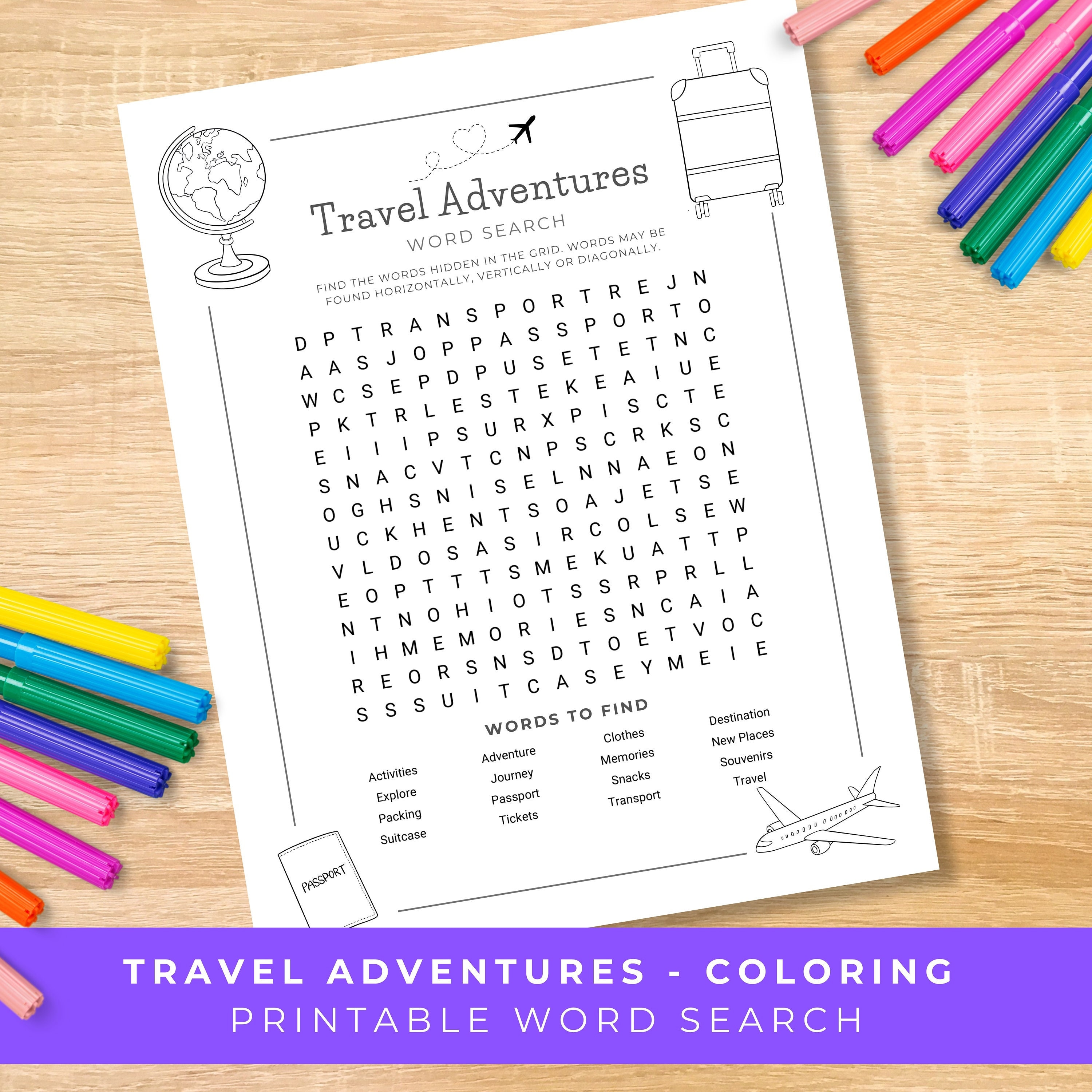 Travel Adventures Word Search for Kids, Printable Vacation Coloring ...