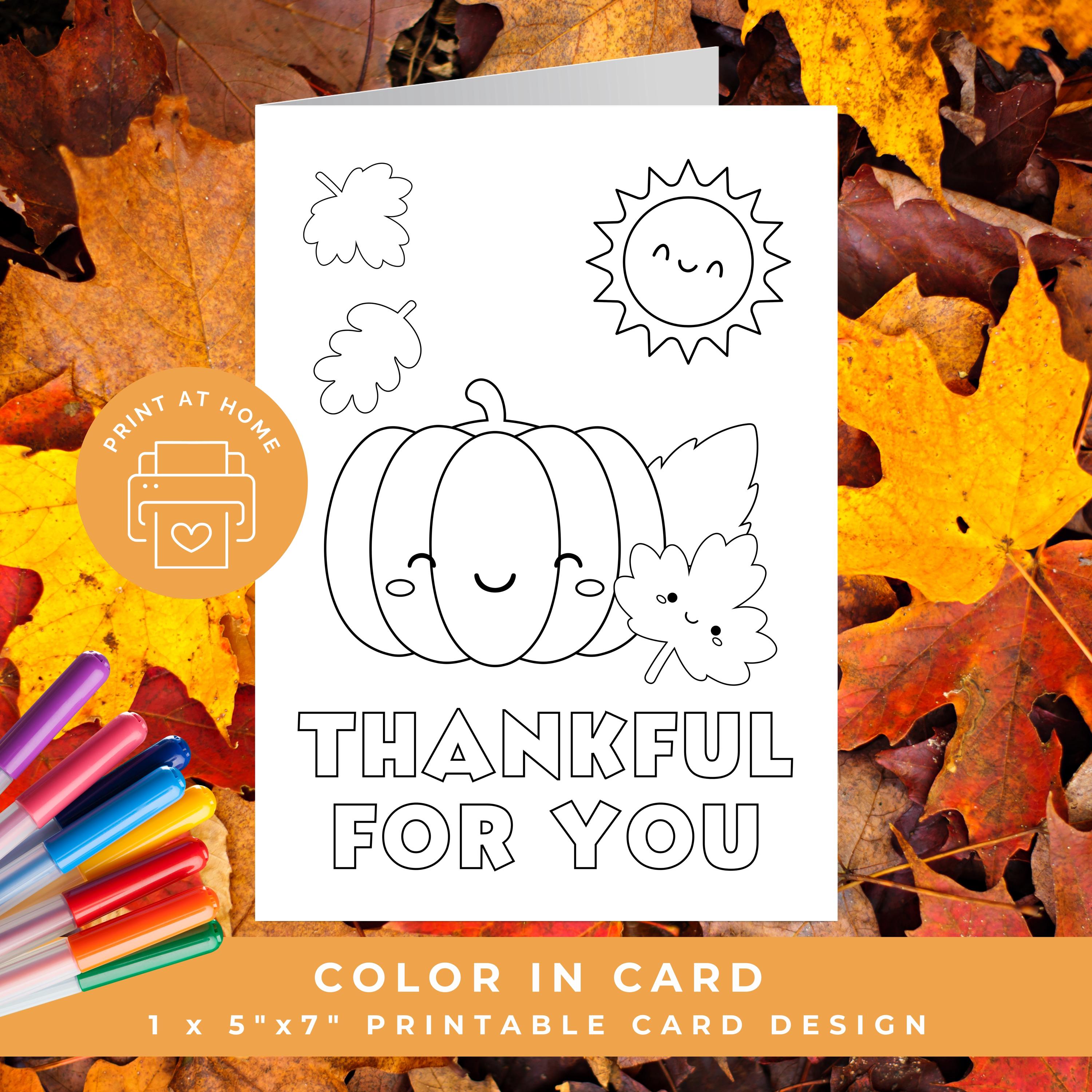 Thank You Coloring Card, Printable Color Your Own Greeting Cards, Fall ...