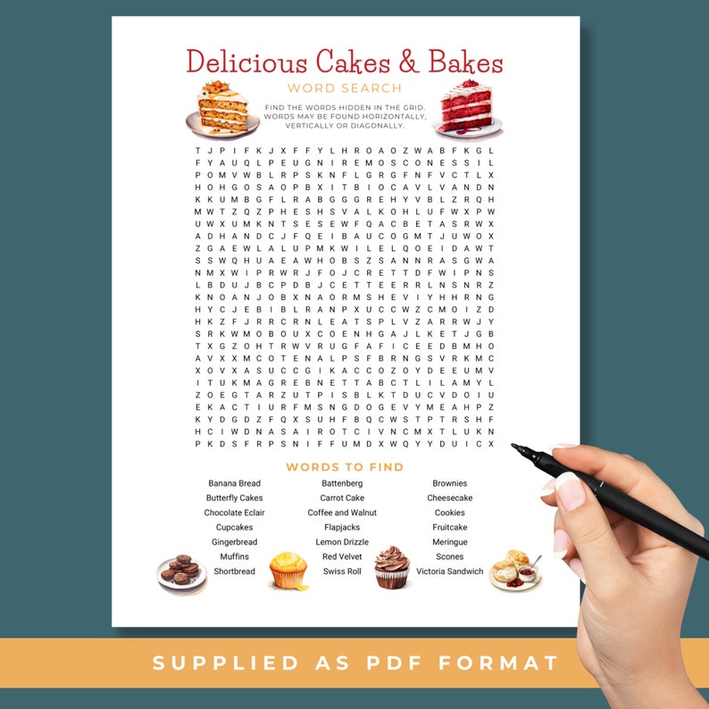 Cake Word Search, Cakes Printable Puzzle Game, Afternoon Tea Party ...