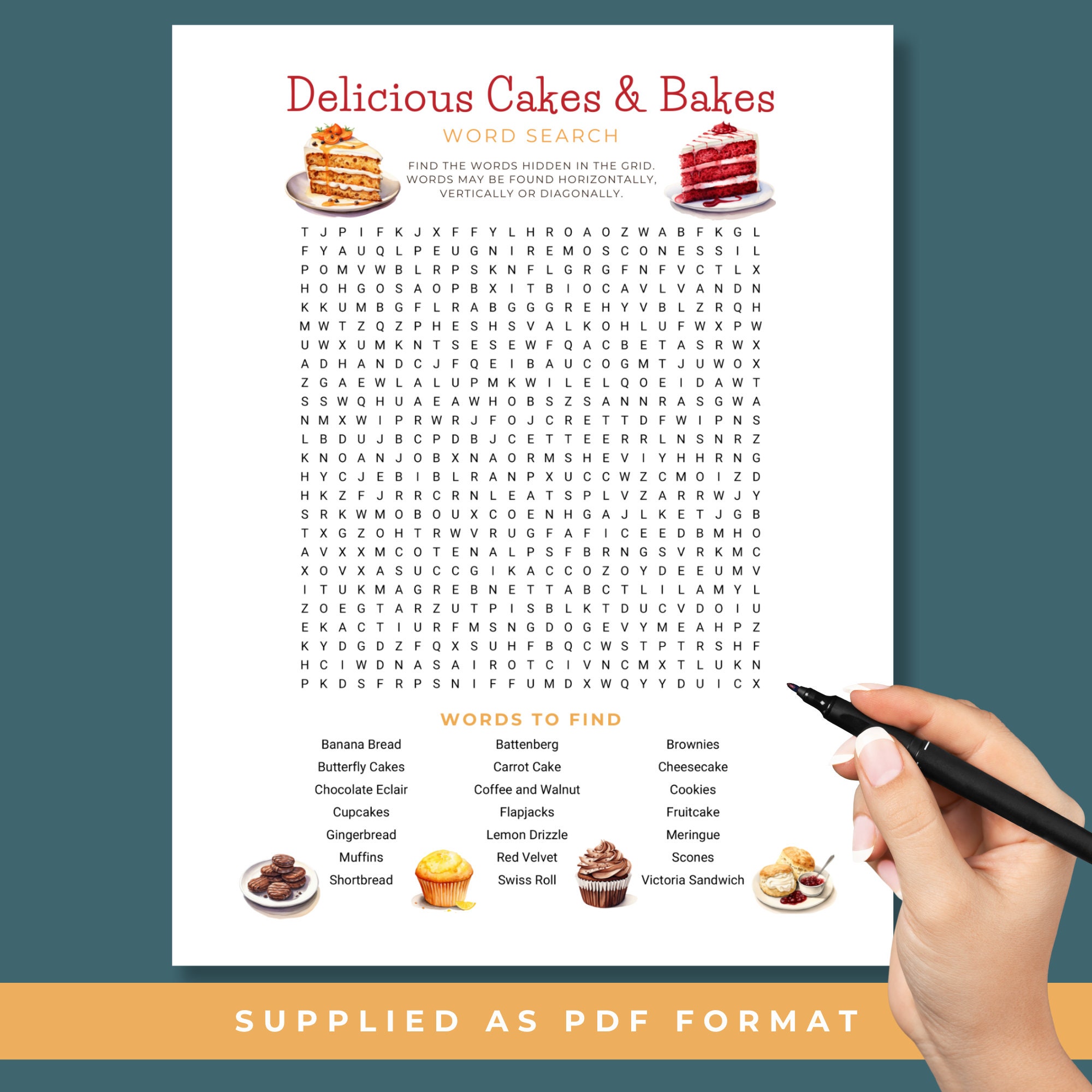 Cake Word Search, Cakes Printable Puzzle Game, Afternoon Tea Party ...