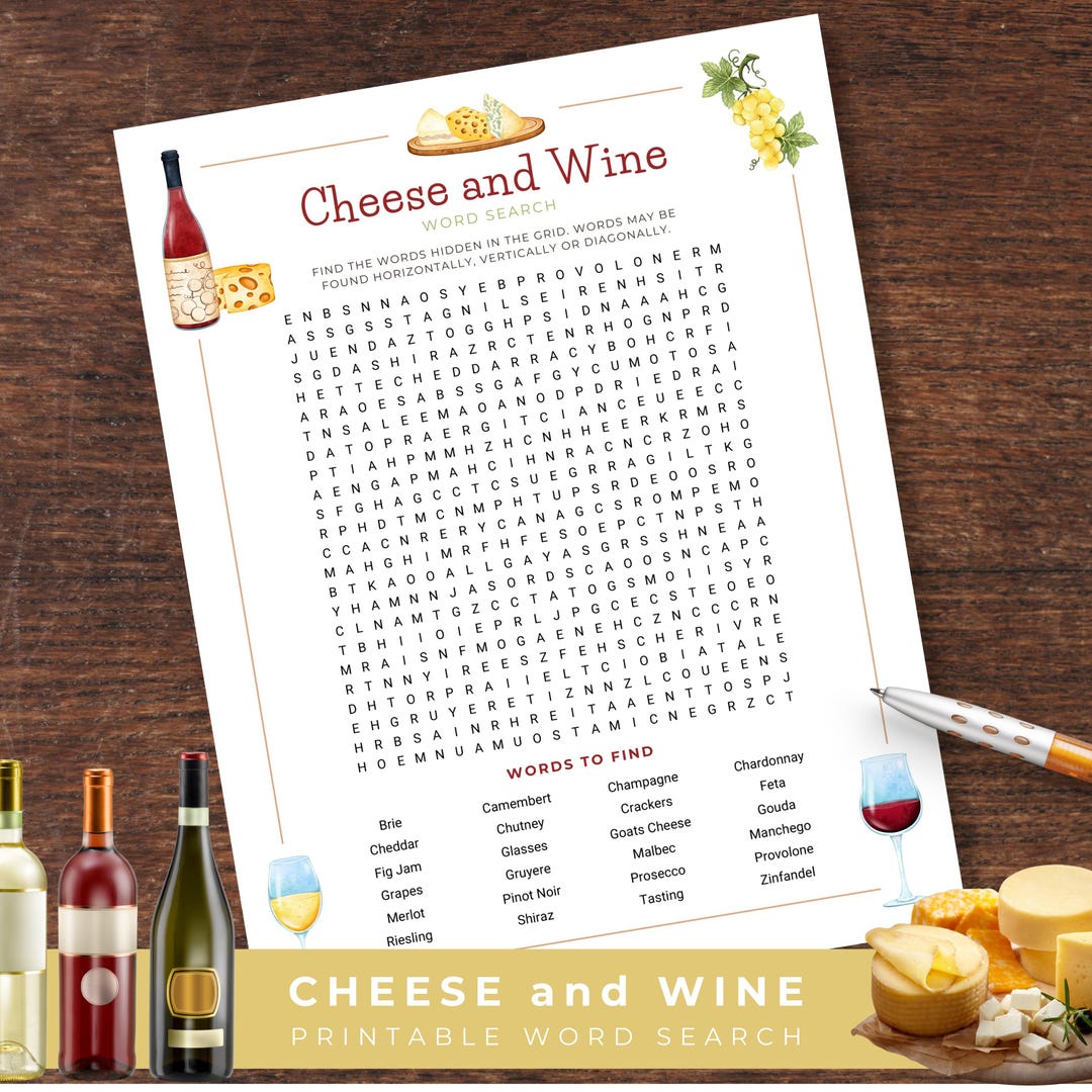 Cheese and Wine Word Search Printable, Fun Cheese Lover Activity for ...