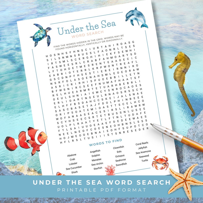 Under the Sea Word Search, Printable Sealife Word Puzzle, Aquarium Word ...