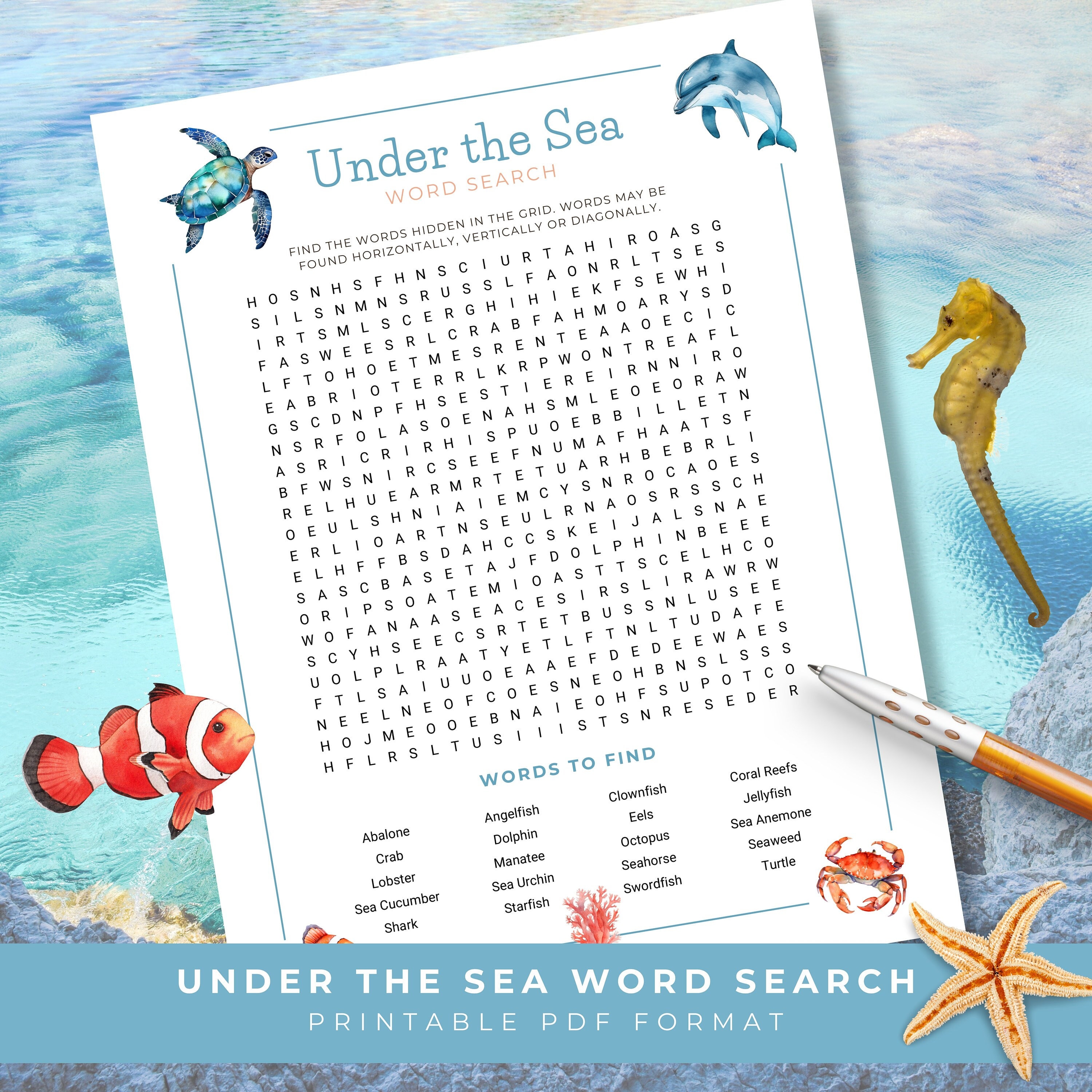 Under the Sea Word Search, Printable Sealife Word Puzzle, Aquarium Word ...