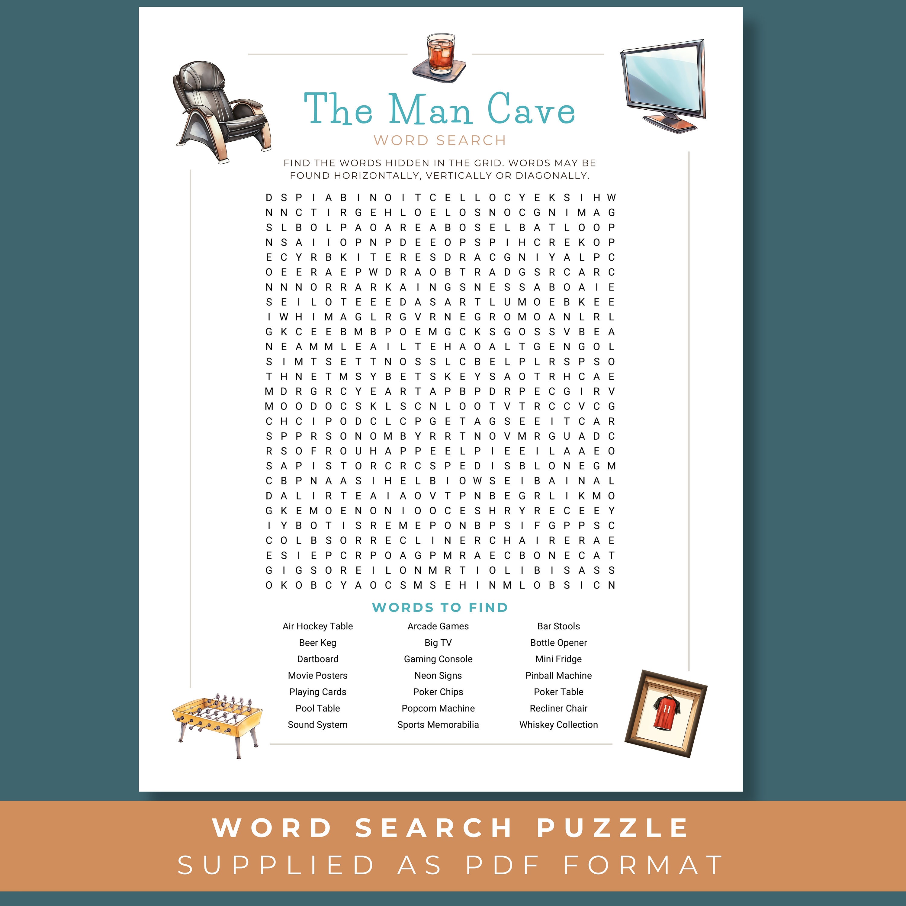 The Man Cave Word Search, Printable Word Search for Men, Father's Day ...
