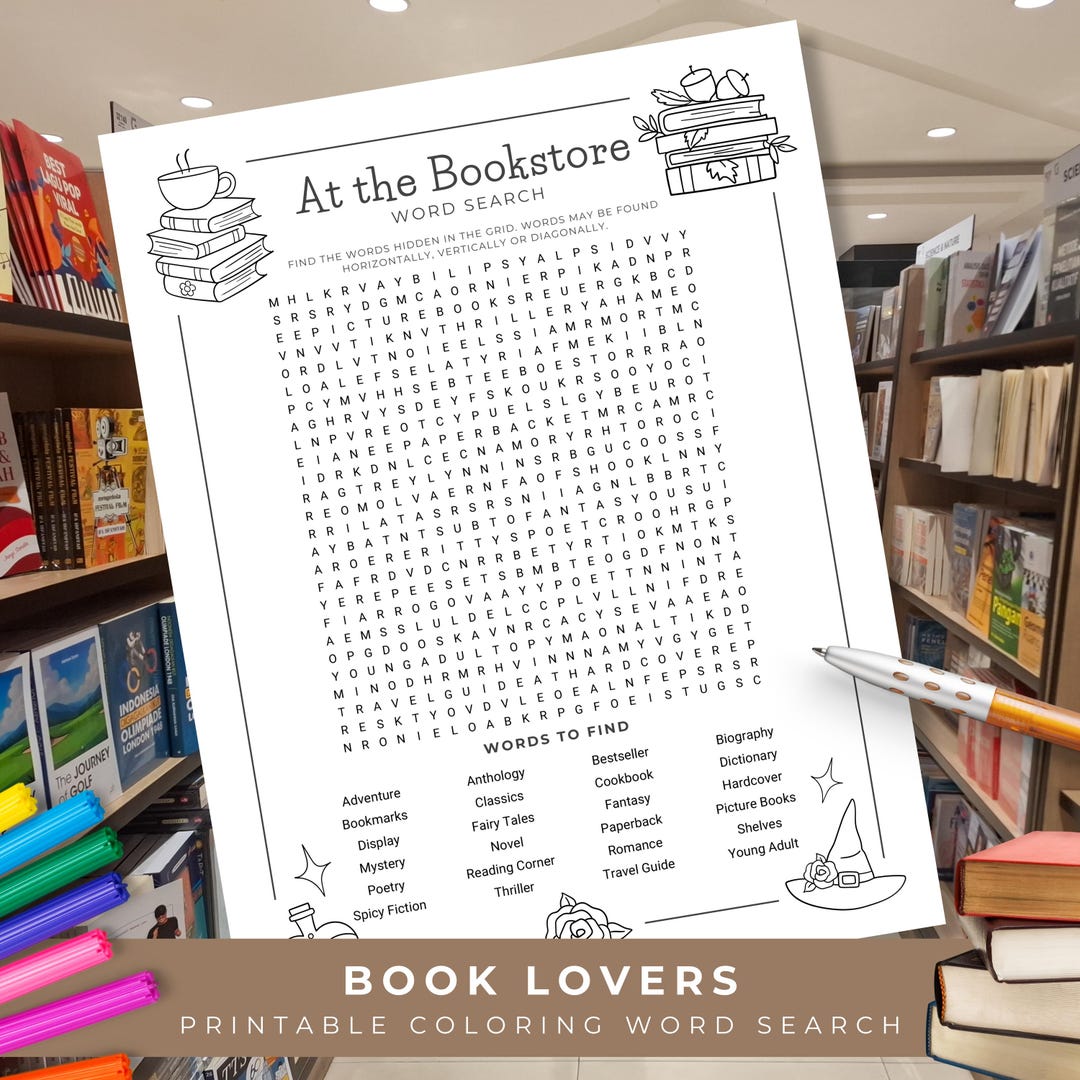 Printable Bookstore Word Search for Adults, Book Lovers Coloring Page ...